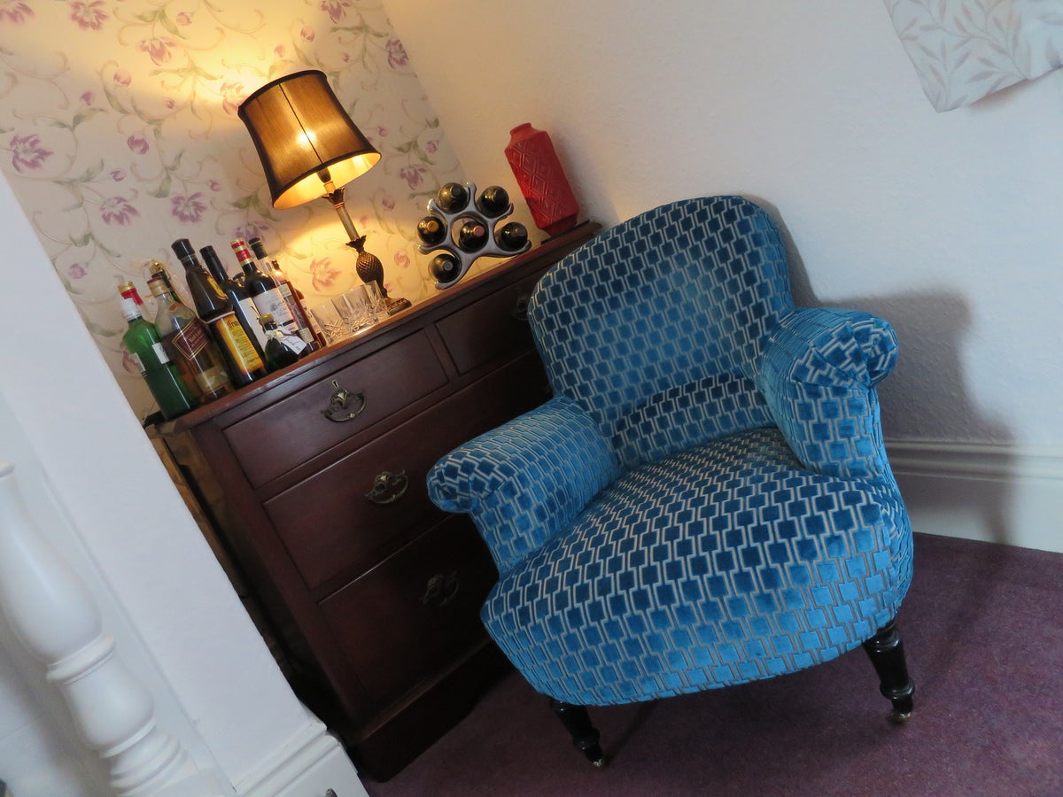Re-upholstered chair arrives. AKA drinking chair. | MLTSHP