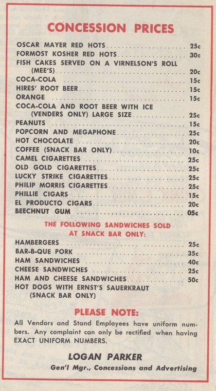 1954 Snack Bar Menu, Connie Mack Stadium | MLTSHP