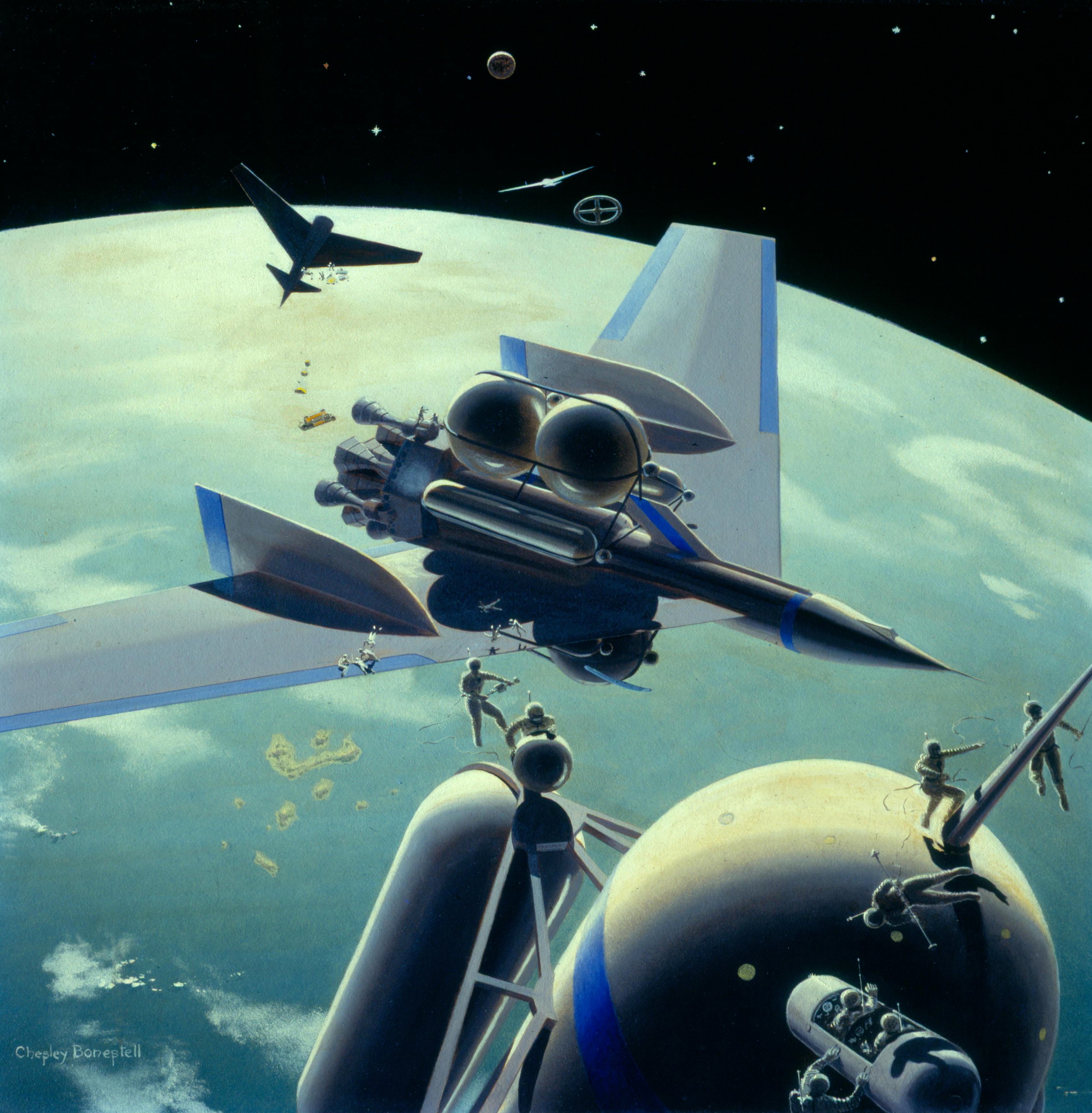 Assembling ships for a Mars expedition, illustrated by Chesley ...