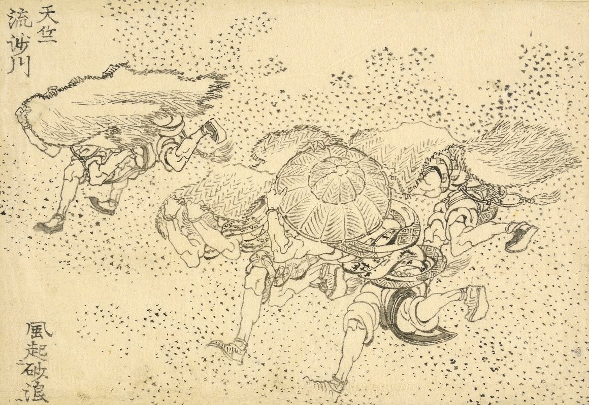 "india, river of quicksand. the wind form waves in the sand." hokusai ...
