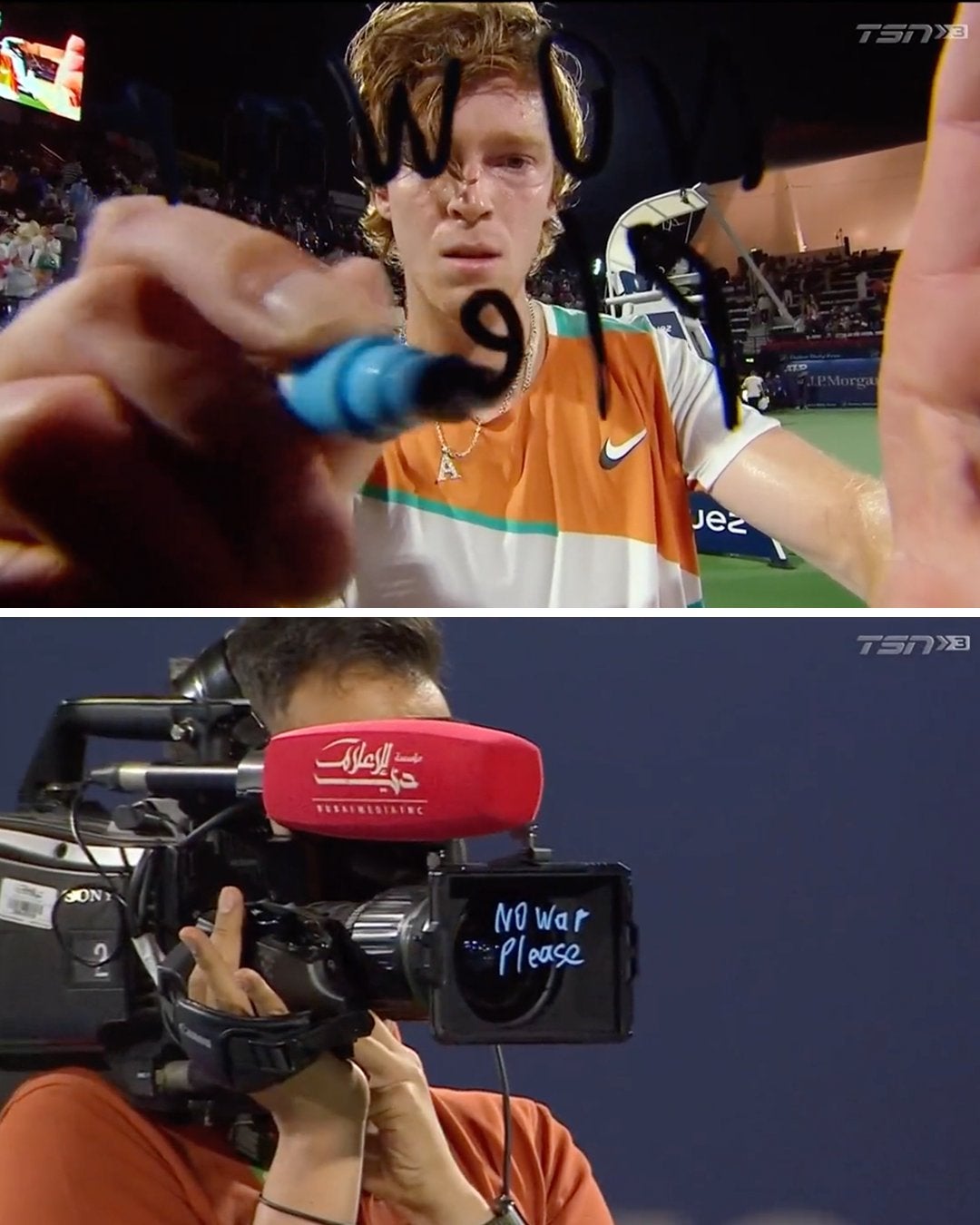 Russian tennis player Andrey Rublev wrote "No War Please" on a TV ...