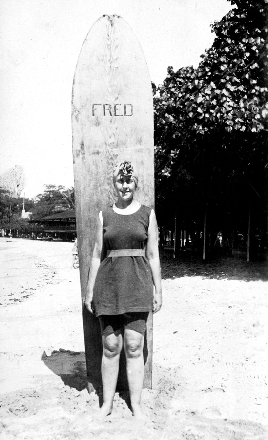 Agatha Christie with her surfboard, Fred | MLTSHP