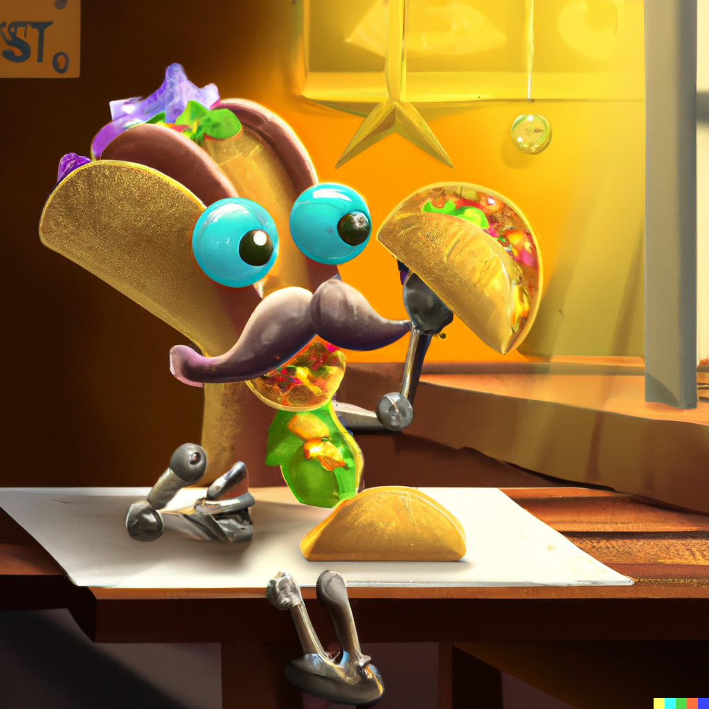Anthropomorphic taco eating a carnitas taco at a taqueria ...