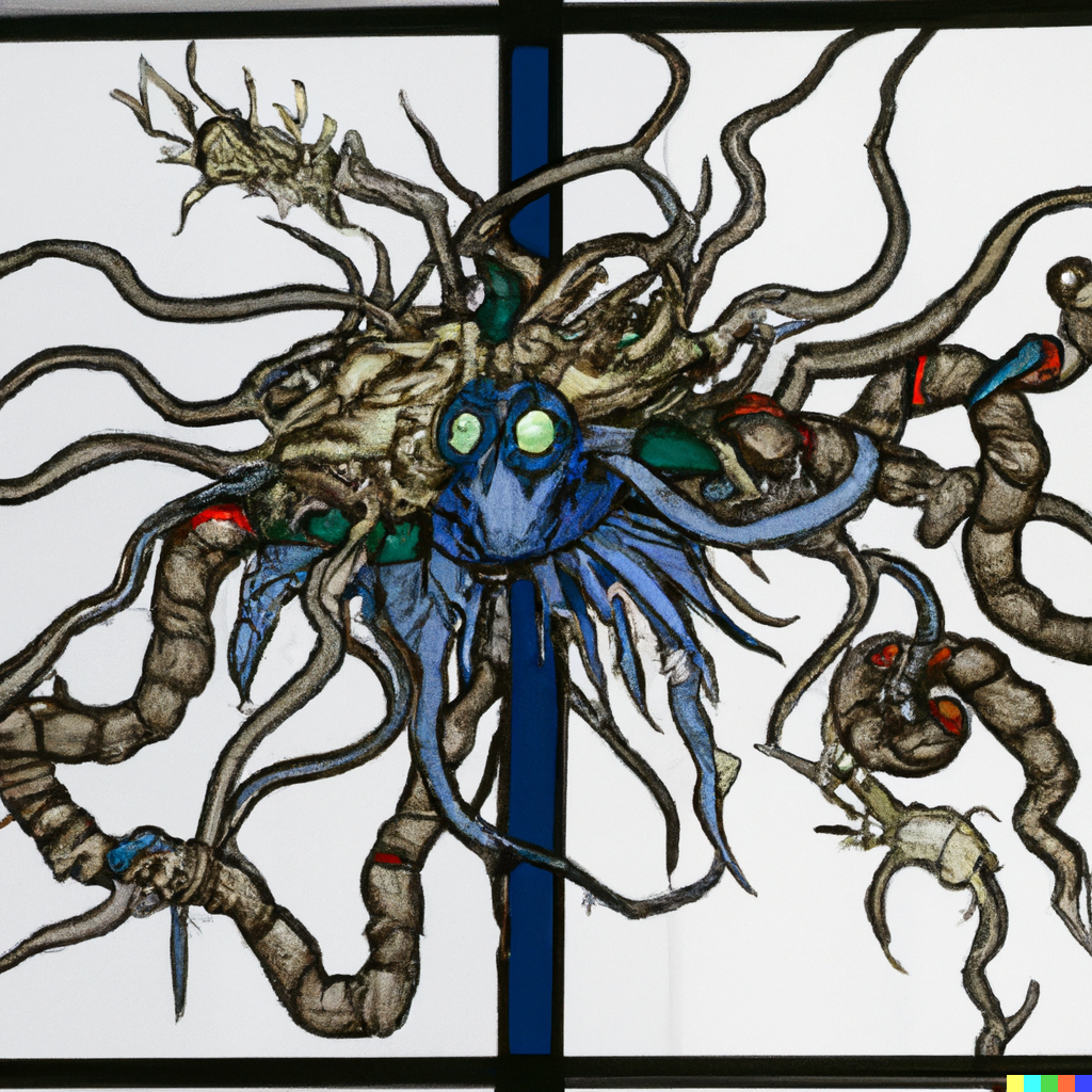 A stained glass window depicting a flying spaghetti monster | MLTSHP