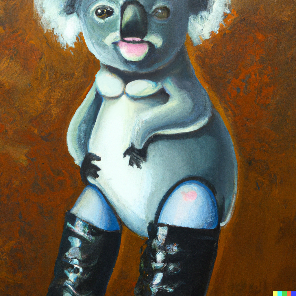 Oil painting of a grinning koala in shiny thigh boots | MLTSHP