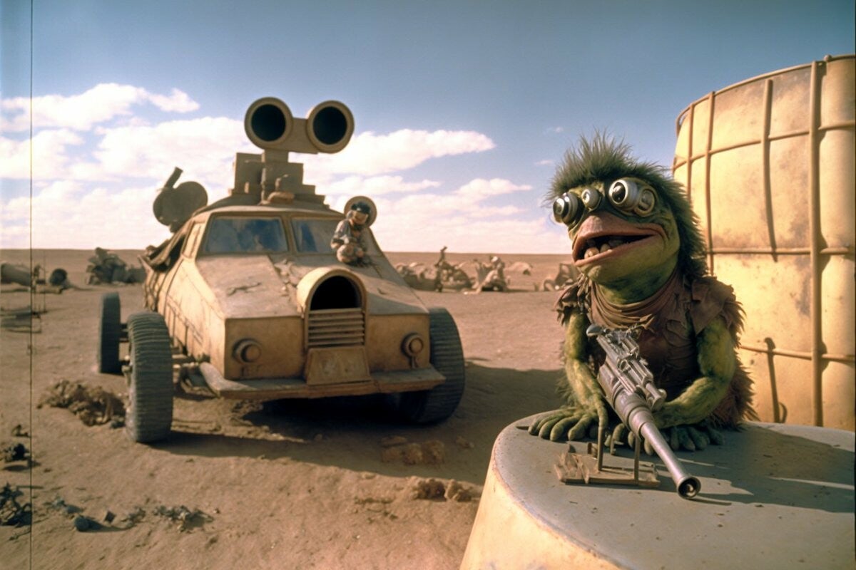 “scene from the 1979 post-apocalyptic film Muppet Mad Max, 35mm Eastmancolor” | MLTSHP
