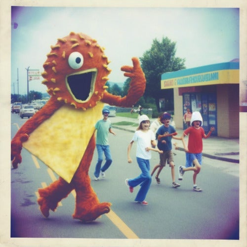 Polaroid photo of a person in a pizza mascot costume chasing horrified ...