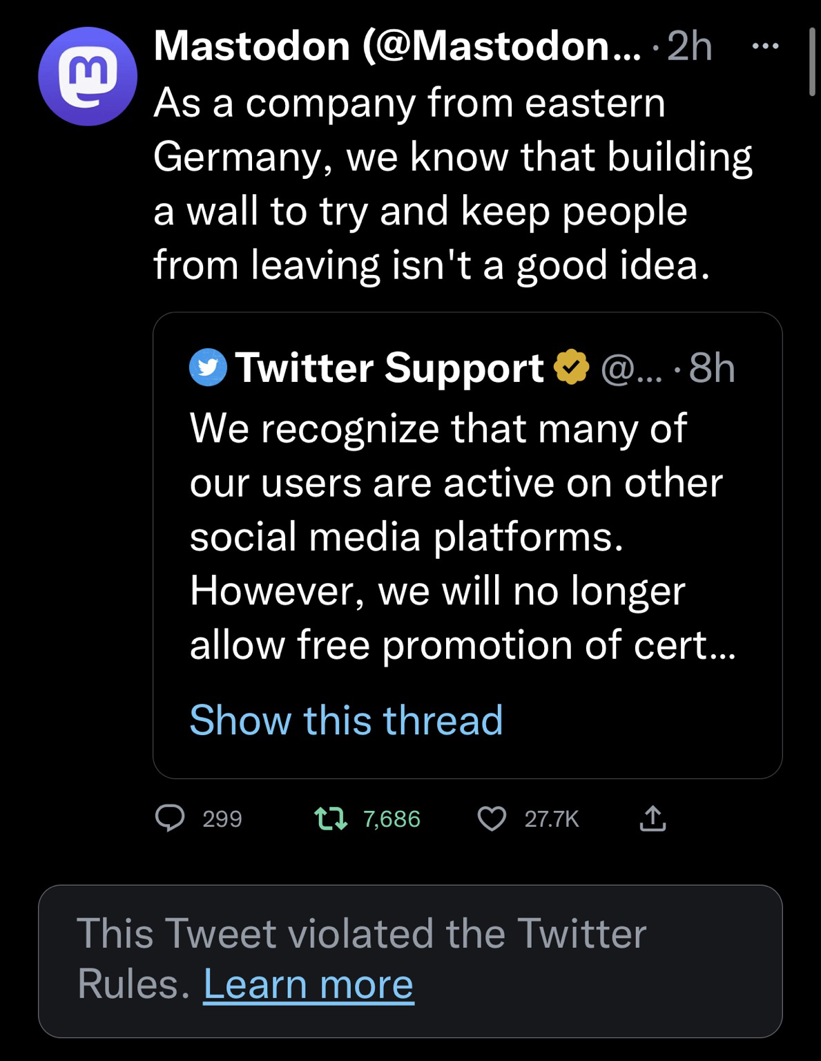 Grab of a tweet from the dev of Mastodon | MLTSHP
