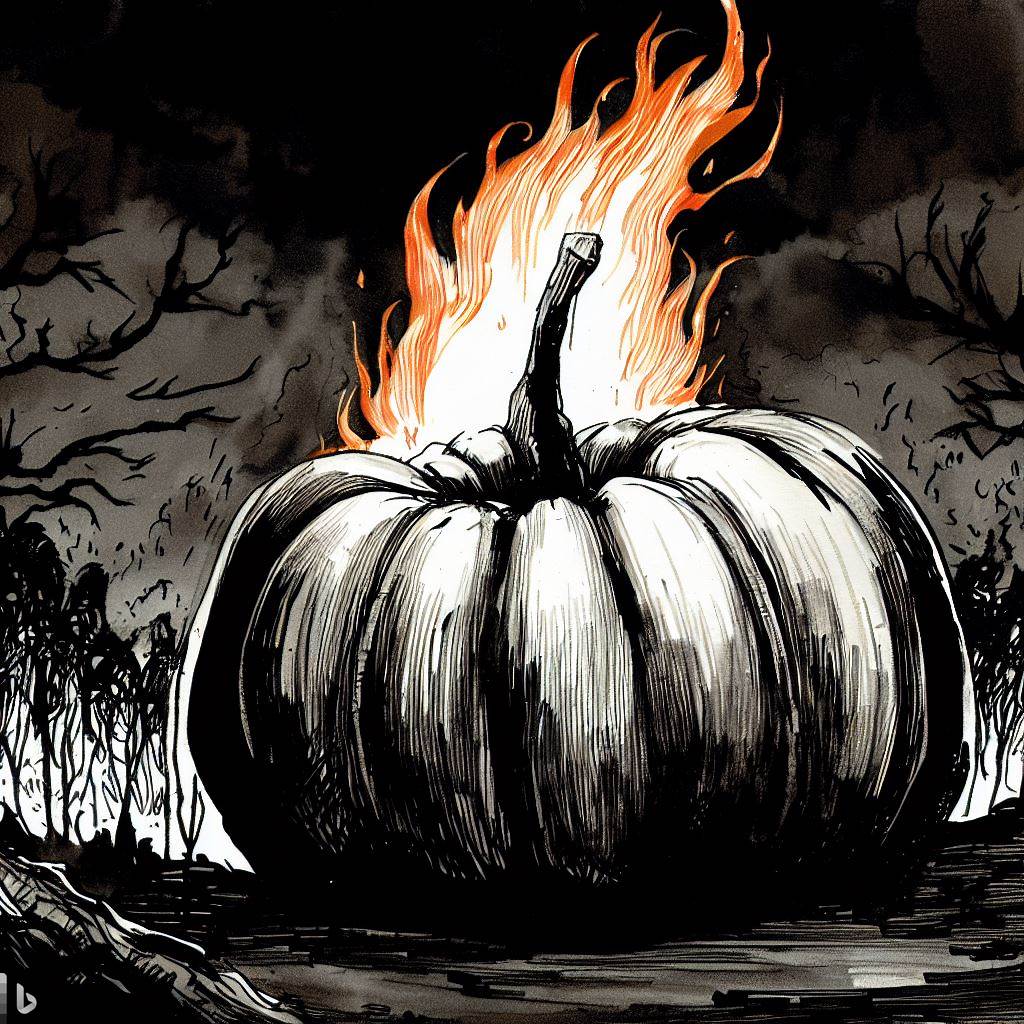 Giant pumpkin with flaming stem by a dark forest | MLTSHP