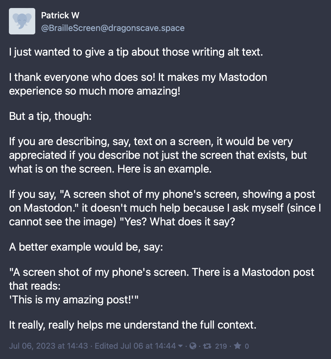 Alt text tip from a blind person | MLTSHP