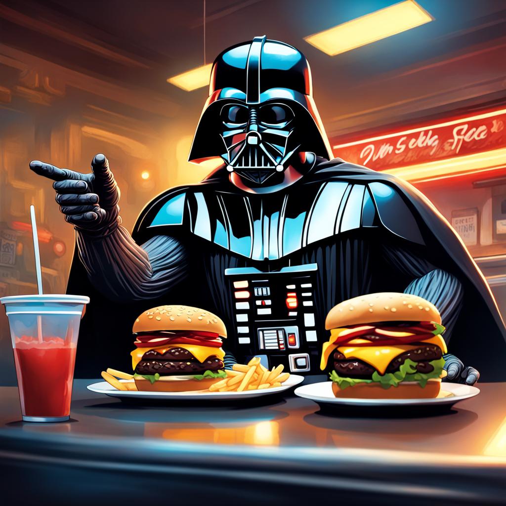 a smiling Darth Vader ordering a cheeseburger | MLTSHP