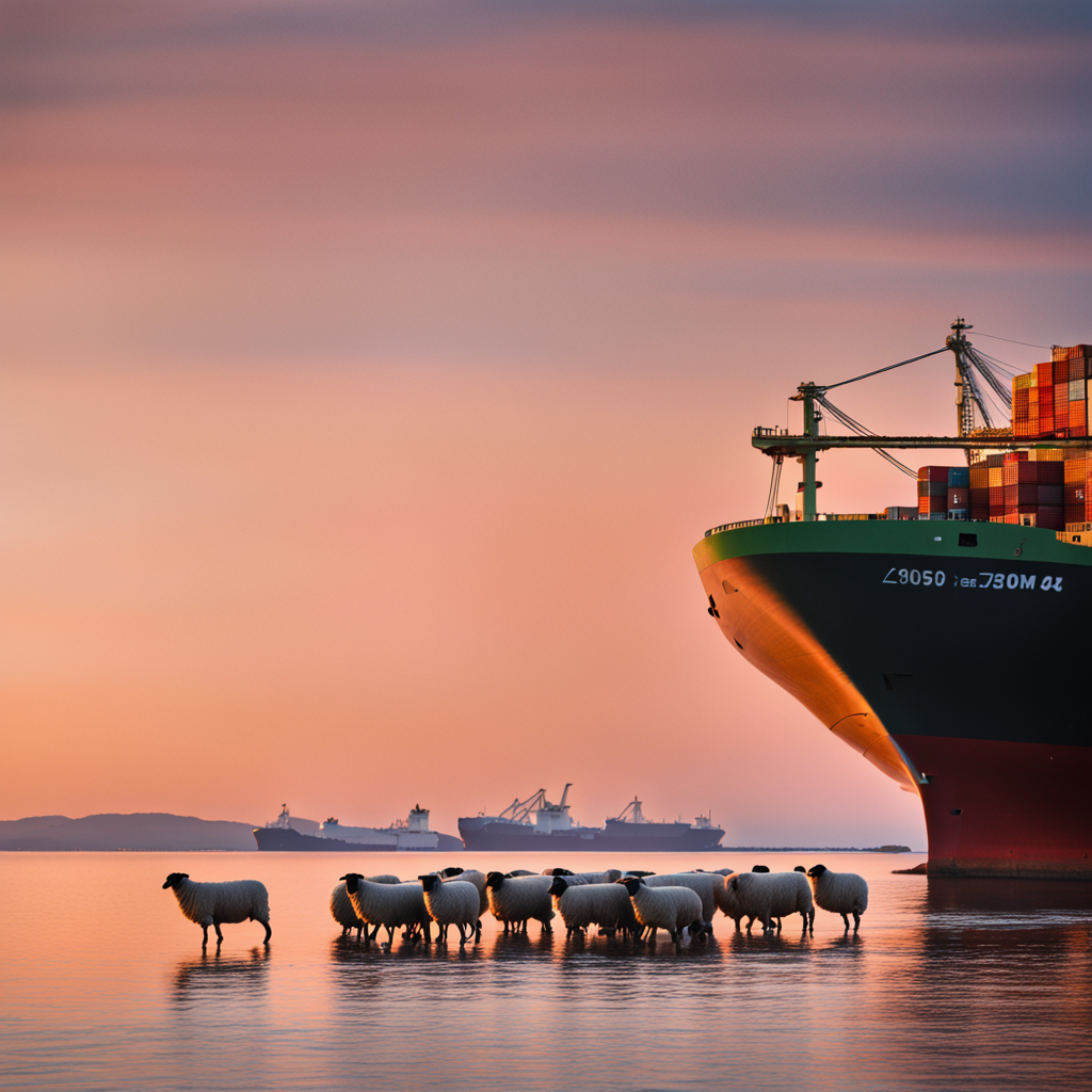 sheep watching container ship at sunset | MLTSHP