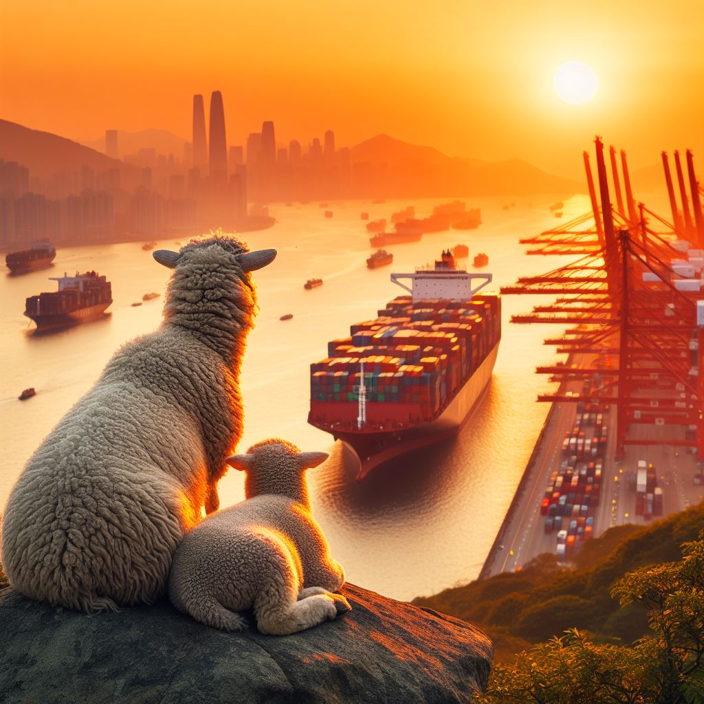 Sheep watching container ship at sunset (DALL-E 3) | MLTSHP