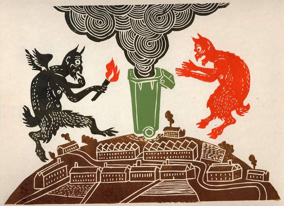 'Two Devils Setting Light To Tina's Wheelie Bin. She'll Be Livid' 4 colour linocut 30 cms x 20 ...