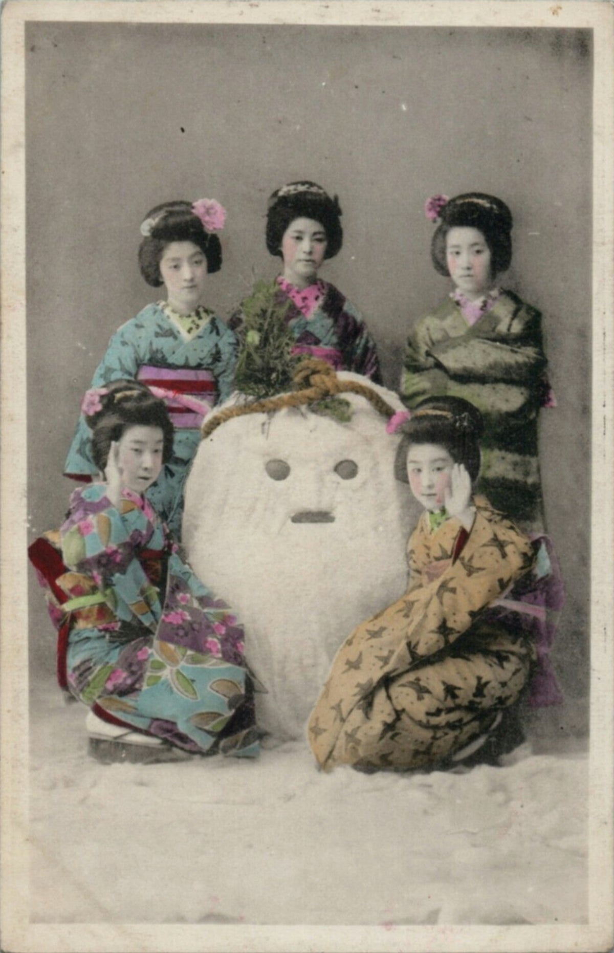 Japanese postcard of women and a perhaps snowless snowman | MLTSHP