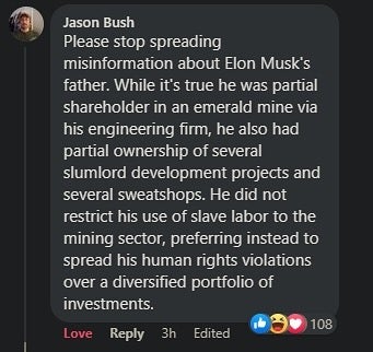 Please stop spreading misinfo about Elon's father | MLTSHP